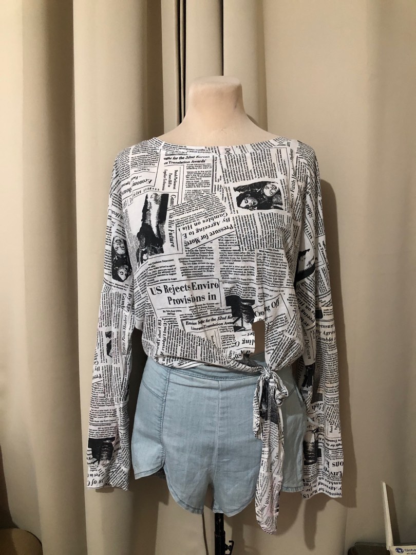 newspaper print-semi crop, Women's Fashion, Tops, Others Tops on Carousell