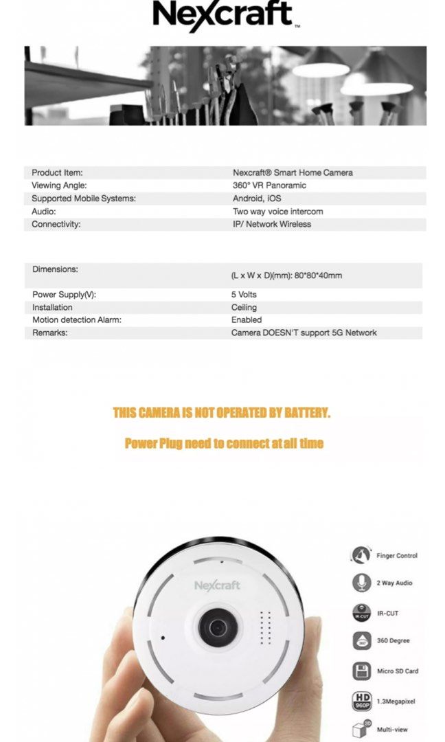 Nexcraft 360 Smart Phone WIFI CCTV Camera for Home IP Security Video, TV & Home Appliances ...