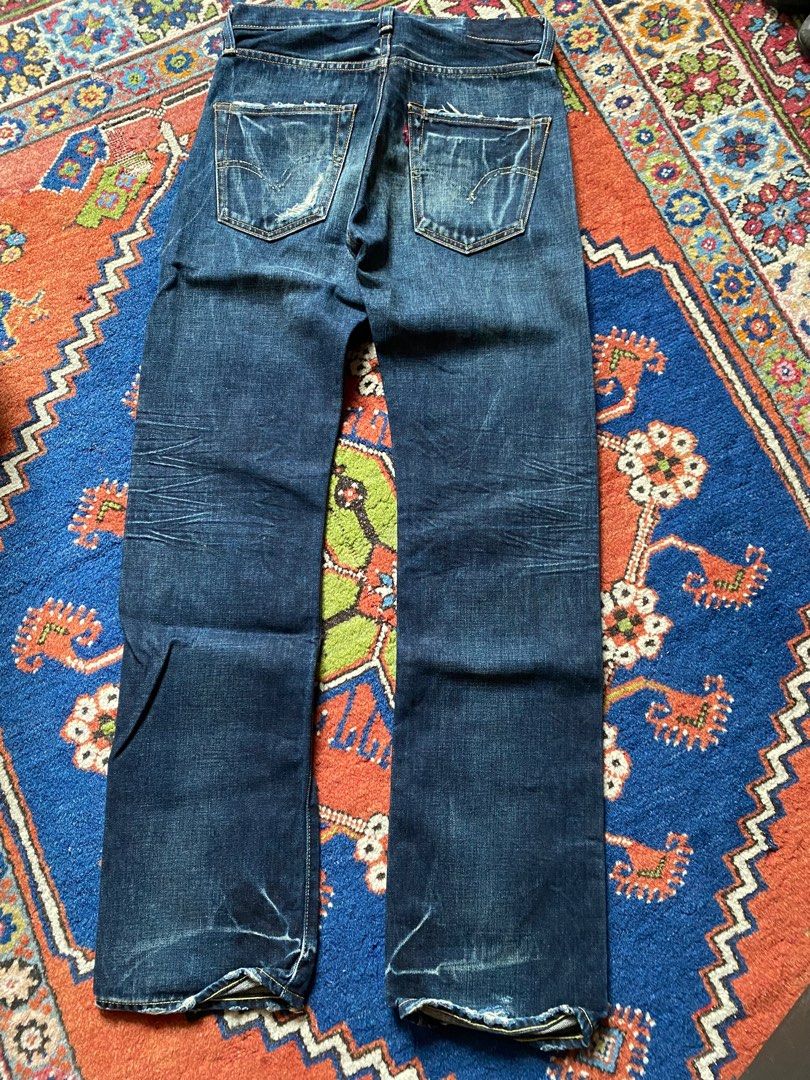 絕版 日本製 LEVIS LVC 47501 w30 重水洗 小破壞加工 indigo色 vintage 復刻 1947 501 赤耳, 他的時尚, 褲子, 牛仔褲在旋轉拍賣