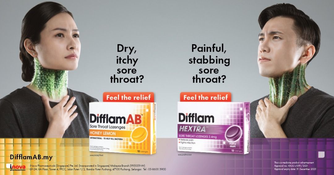 DIFFLAM HEXTRA 2.4MG SORE THROAT LOZENGE 12S exp 4/2025, Health ...