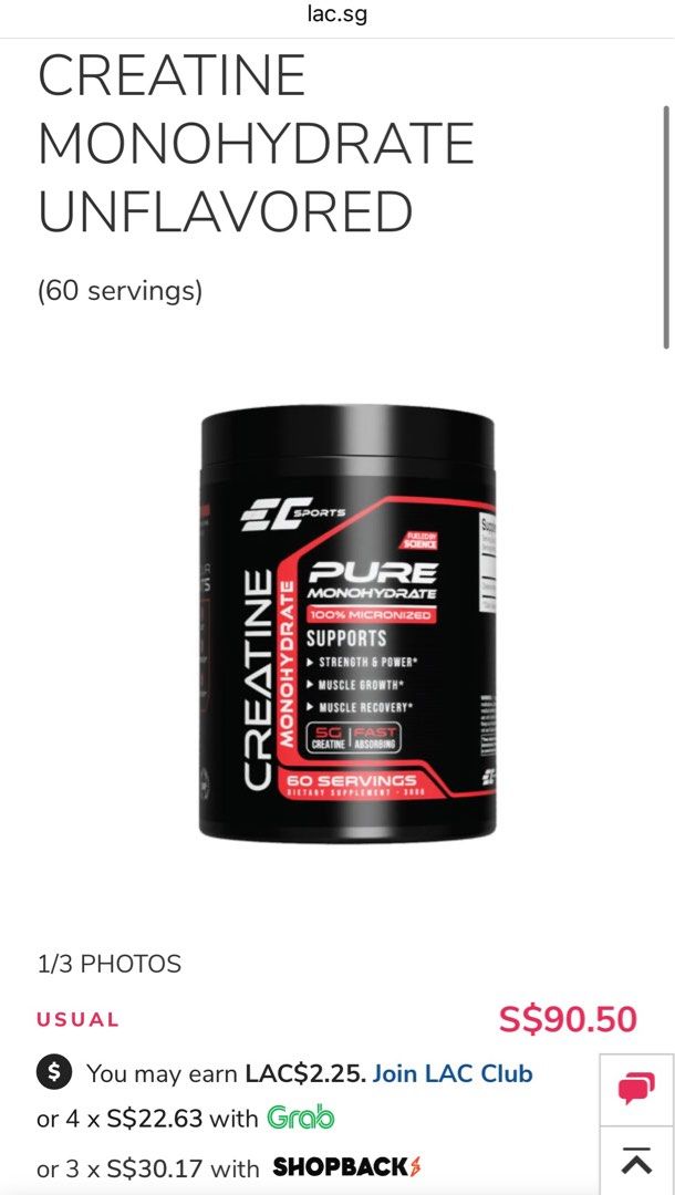 LAC Singapore. EC Sport. Creatine Monohydrate Unflavoured 300g, Health ...