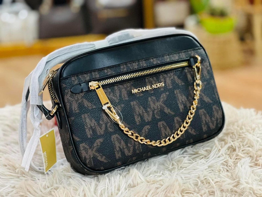 MK Jet Set Monogram Large Zip Chain Crossbody Black/Brown Multi, Luxury ...