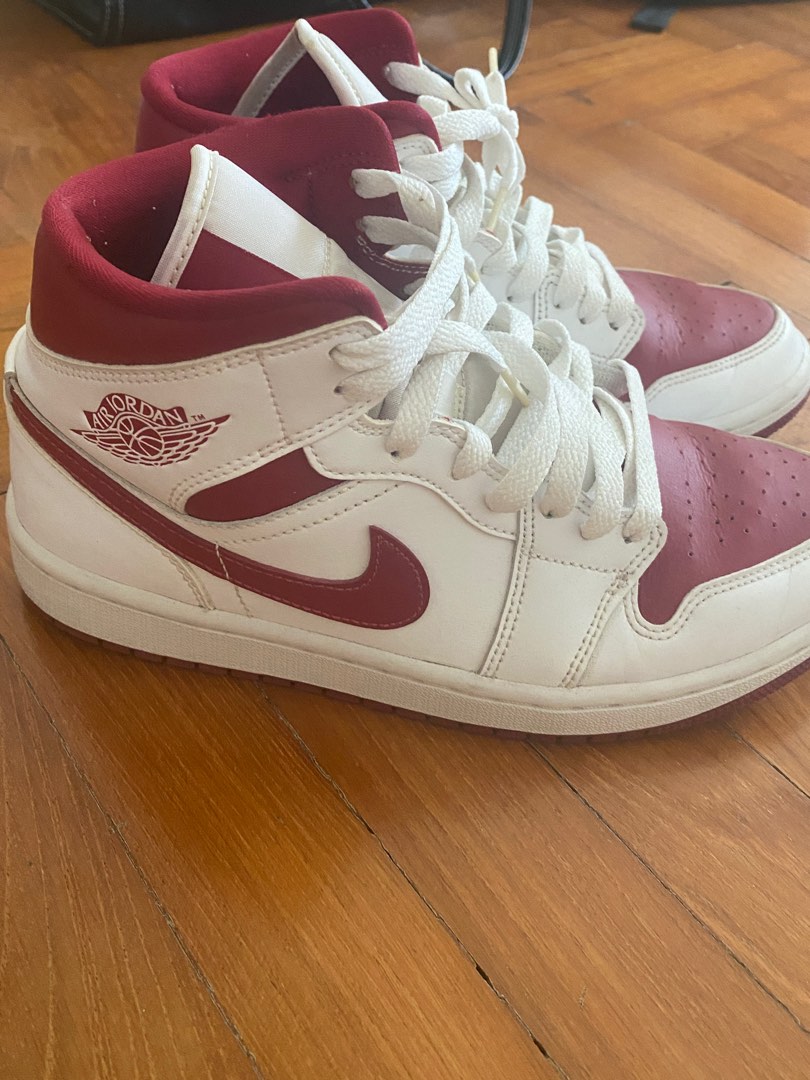 Nike Air Jordan 1 Mid White & Fire Red, Women's Fashion, Footwear, Sneakers on Carousell