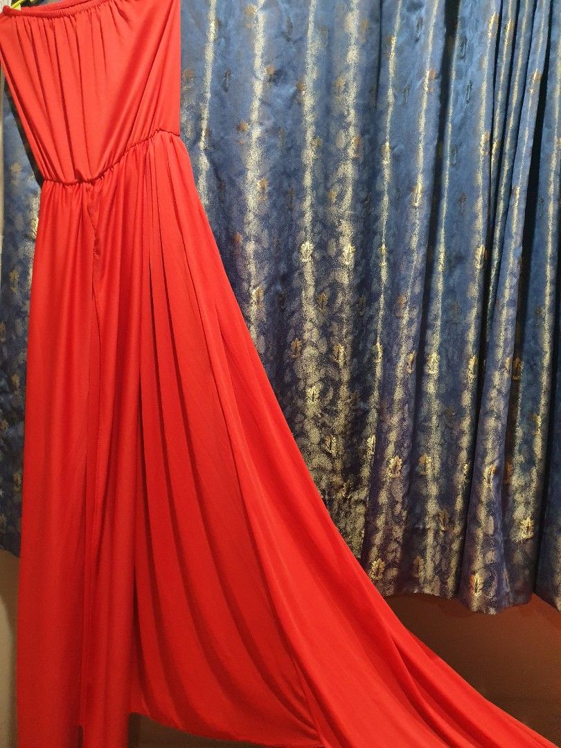 RED DRESS WITH SUPER LONG TRAIL FOR PRENUP SHOOT, Women's Fashion ...