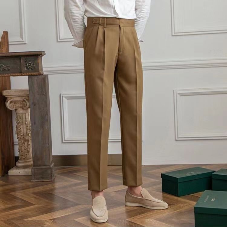 Business Smart Formal Fold Pleated Pocket Suit Pants (Brown 30), Men's ...