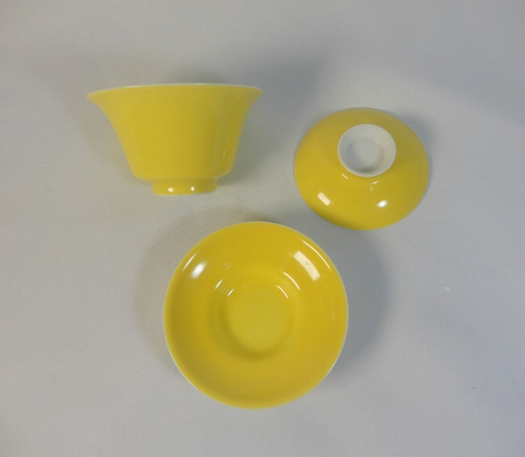 Chinese antique teacups pair with lids Gaiwan imperial yellow glaze ...