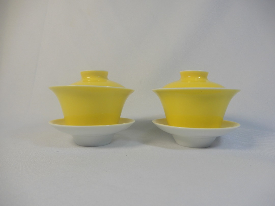 Chinese antique teacups pair with lids Gaiwan imperial yellow glaze ...