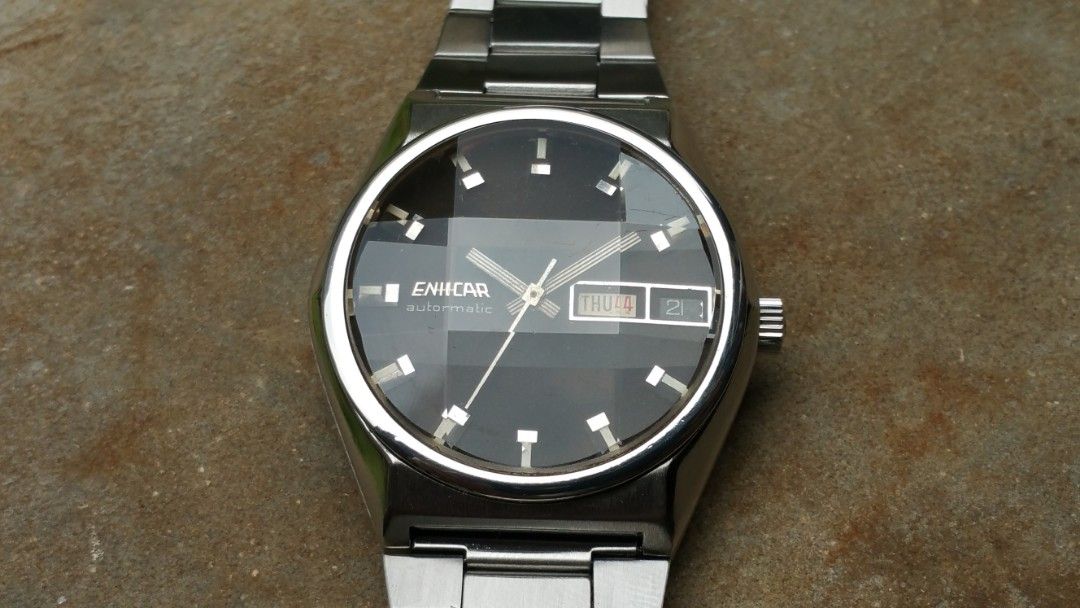 Enicar Ocean Pearl automatic Day Date brown black dial Faceted Crystal ...