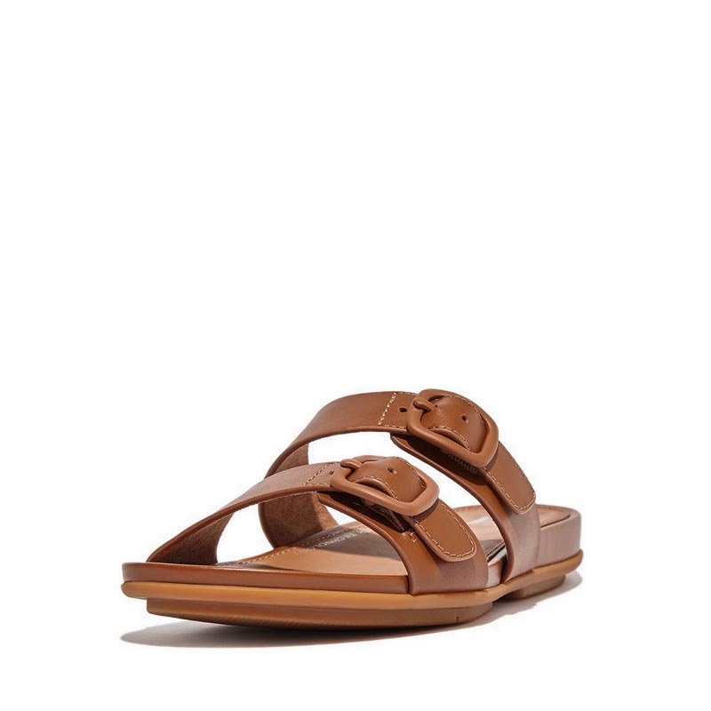 Gracie Rubber-Buckle Two-Bar Leather Slides Light Tan, Women's Fashion ...