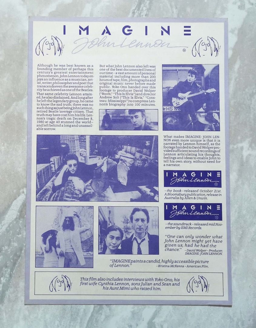 Imagine DVD & Cinema Flyer 1988 Deluxe Edition John Lennon Yoko Ono ...