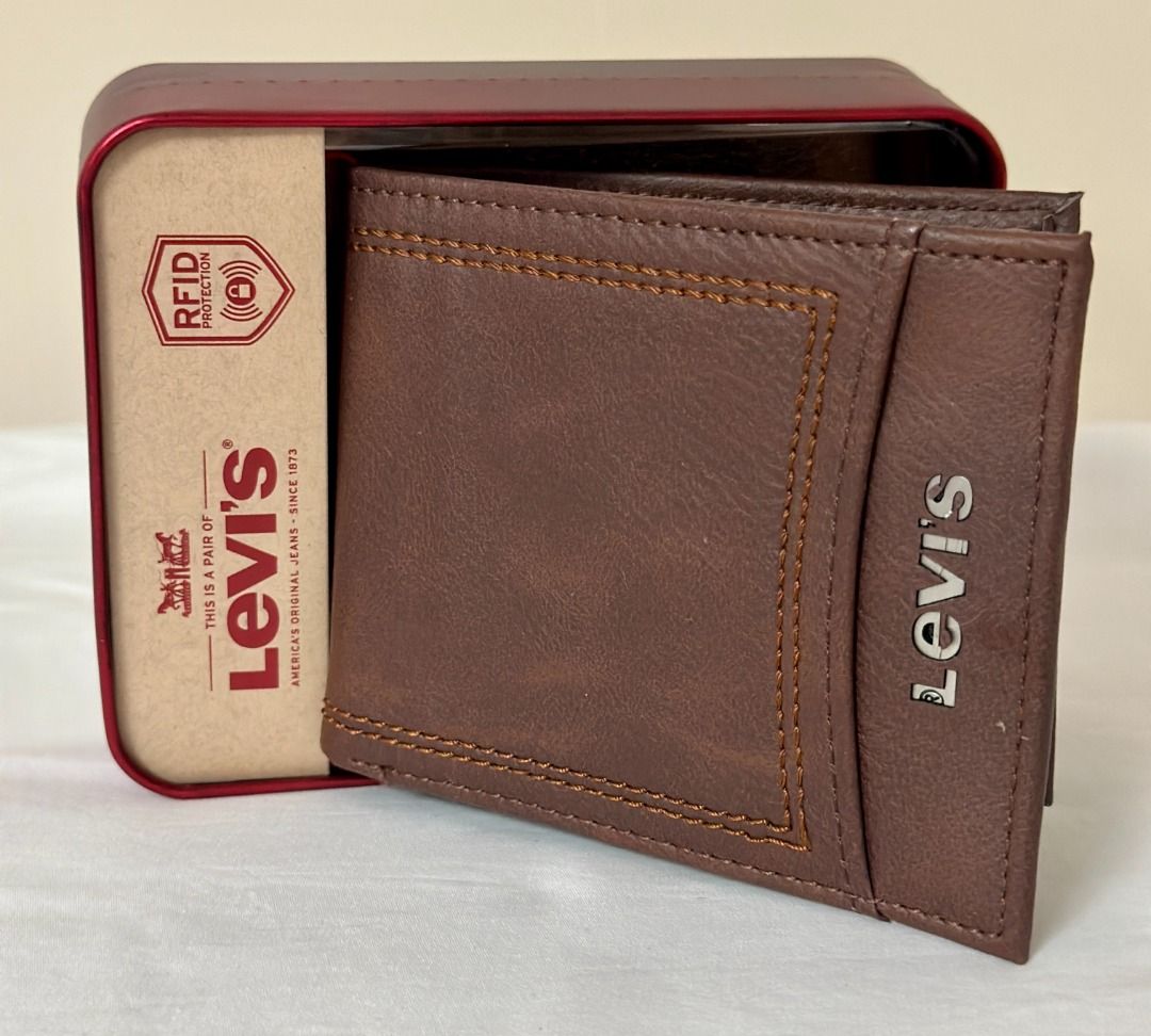 LEVI'S MEN'S BILLFOLD BIFOLD COGNAC BROWN LEATHER WALLET W/ RFID ...