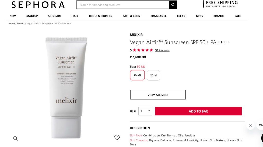 Melixir Vegan Airfit Sunscreen SPF 50+ PA++++, Beauty & Personal Care ...