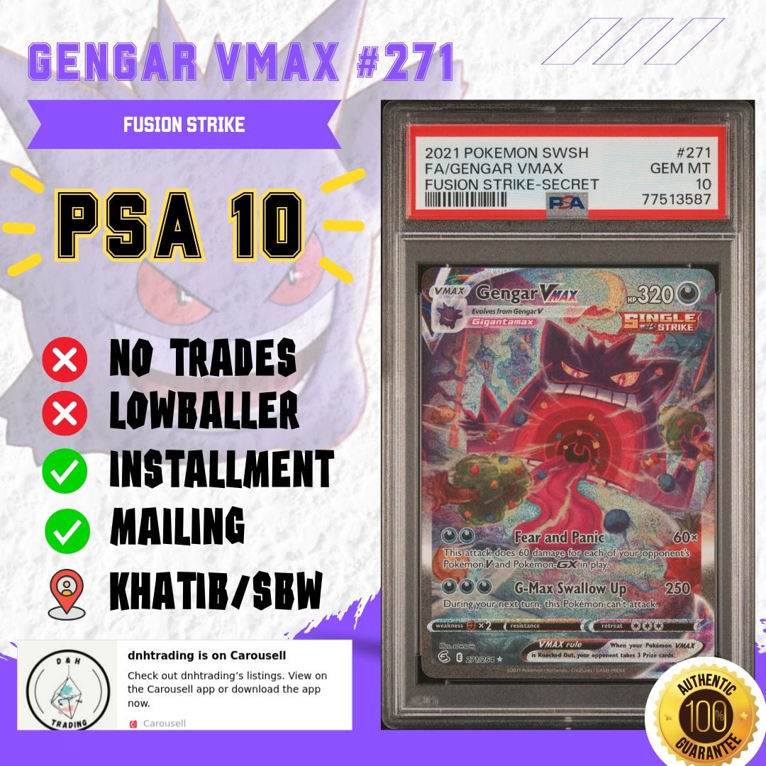 [PSA 10] Pokemon TCG - Gengar VMAX #271 - Fusion Strike, Hobbies & Toys, Toys & Games on Carousell
