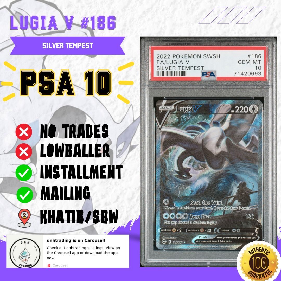 [PSA 10] Pokemon TCG - LUGIA V #186 - Silver Tempest, Hobbies & Toys, Toys & Games on Carousell