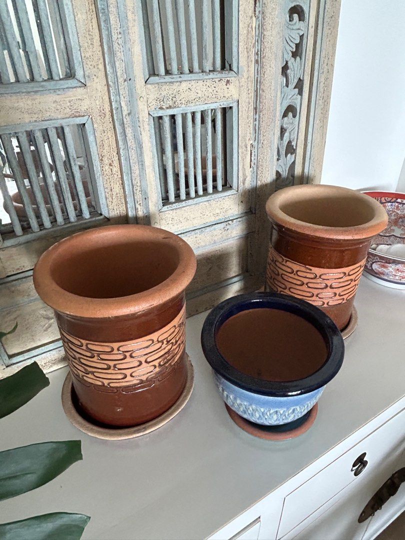 Set of 3 ceramic plant pots with saucers, Furniture & Home Living ...