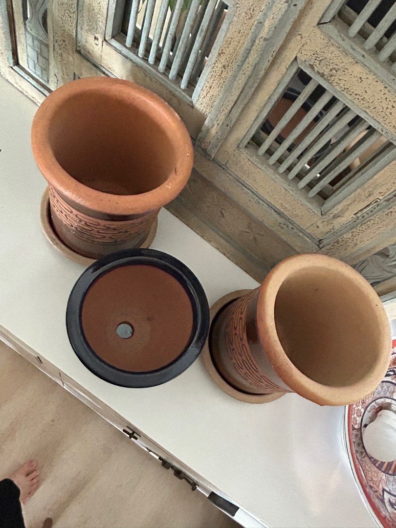 Set of 3 ceramic plant pots with saucers, Furniture & Home Living ...