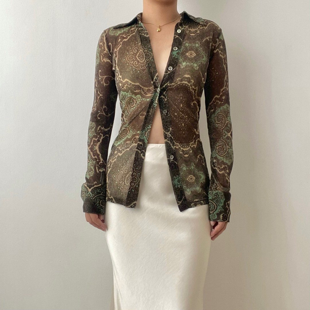 shimmer mesh buttondown top, Women's Fashion, Tops, Longsleeves on ...