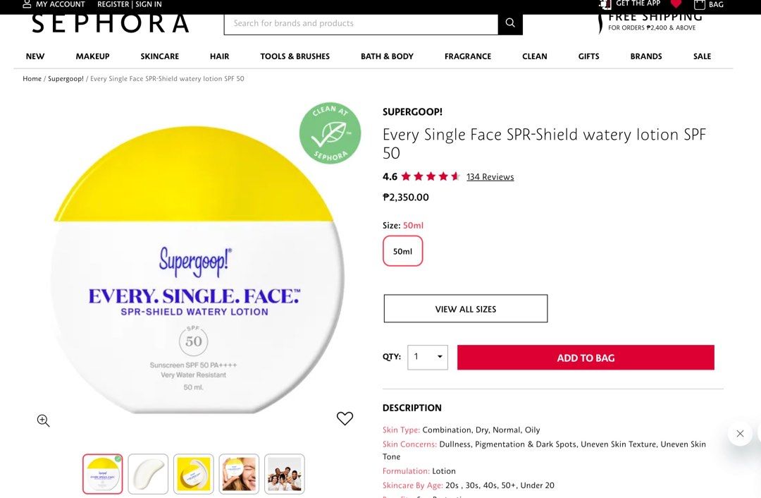 Supergoop Every Single Face SPR-Shield Watery Lotion SPF50, Beauty ...