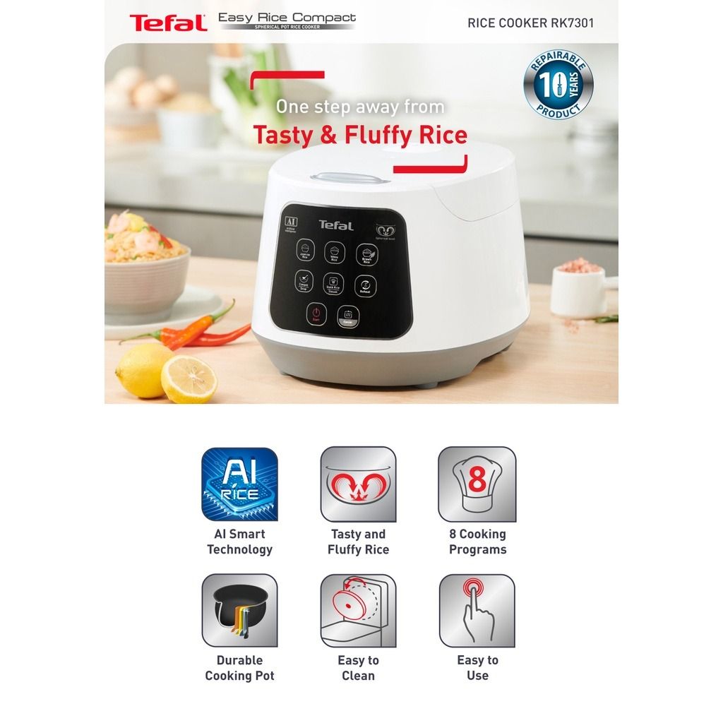 Tefal Easy Compact Fuzzy Logic Rice Cooker 1L RK7301, TV & Home Appliances, Kitchen Appliances ...