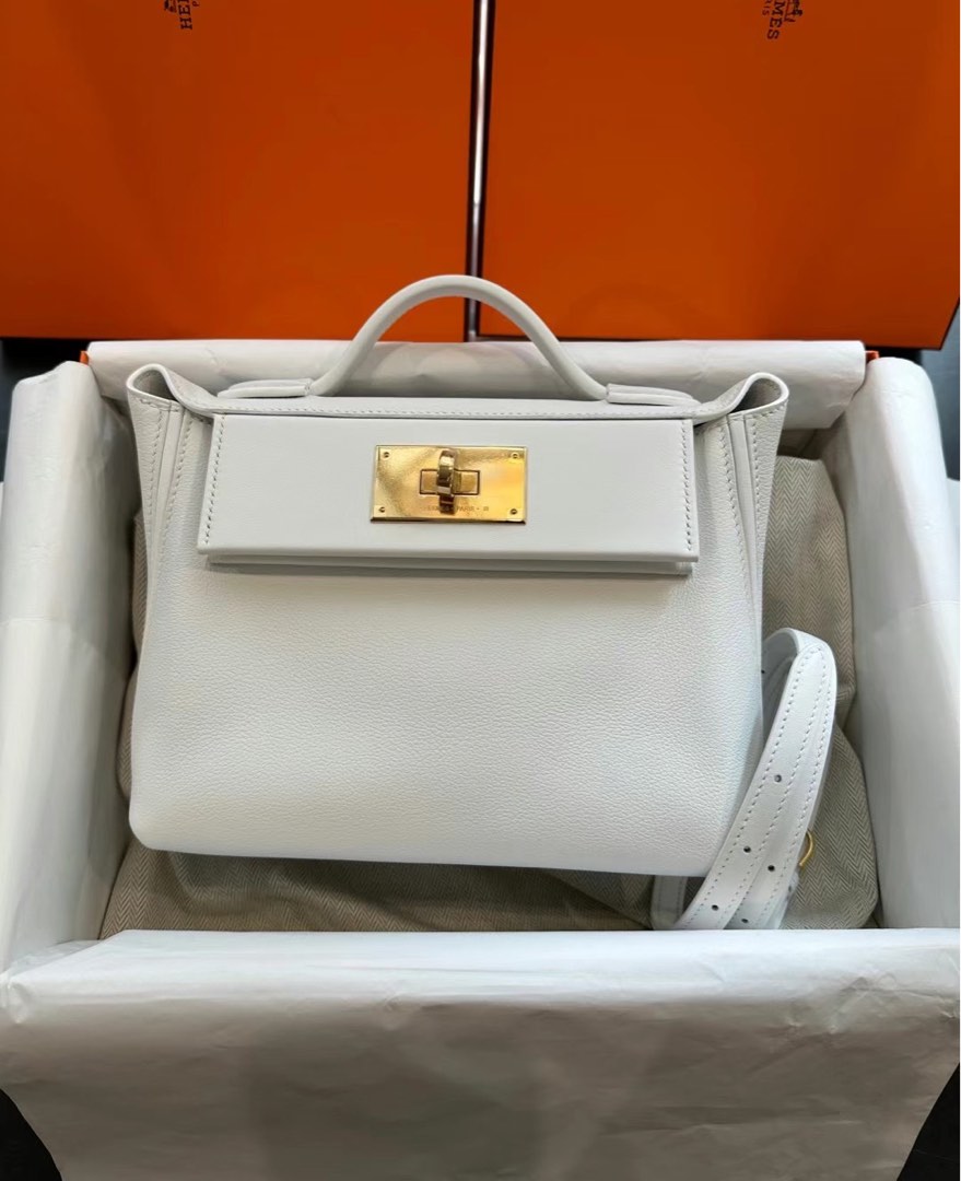 門市現貨 Hermes mini 2424 OU New White 新白色金扣 B stamp, 名牌, 手袋及銀包 - Carousell