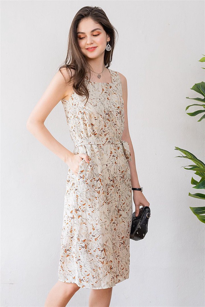 Anticlockwise Cream Wheat Square Neck Sash Midi Dress, Women's Fashion ...
