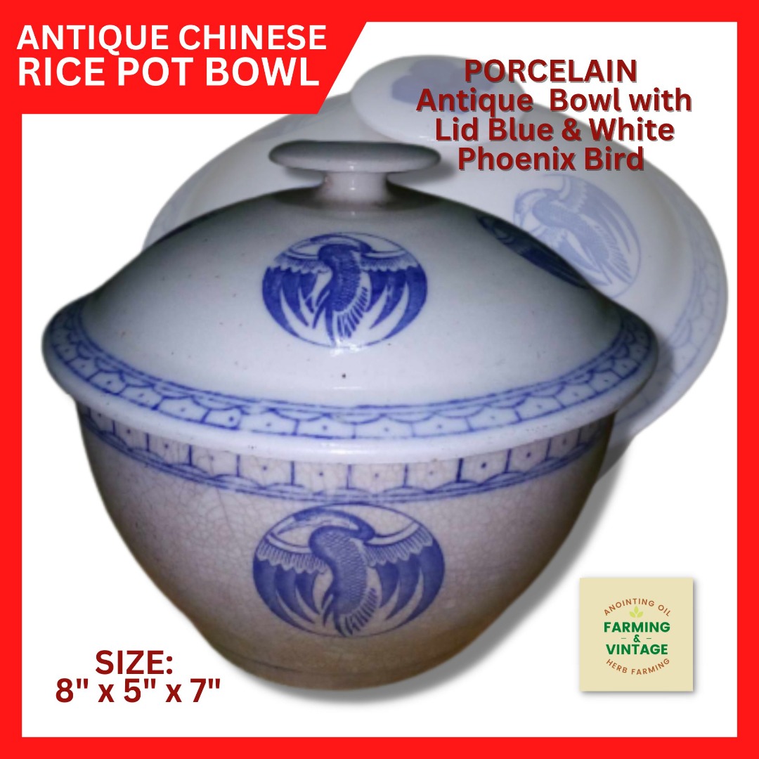 Antique Chinese Rice Pot Bowl with Lid Blue & White Phoenix Bird ...