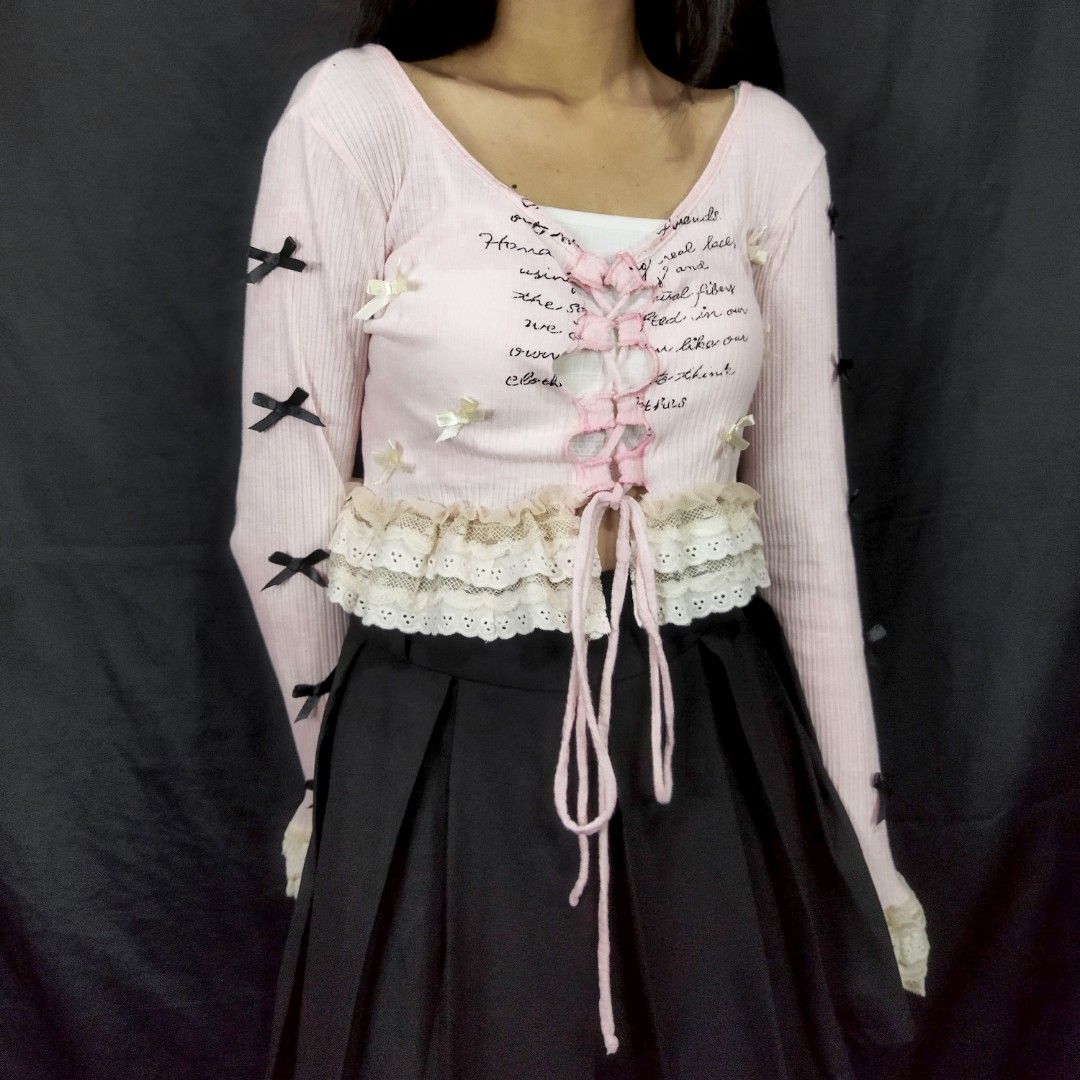 Coquette Lace Ribbon Top, Women's Fashion, Tops, Blouses on Carousell