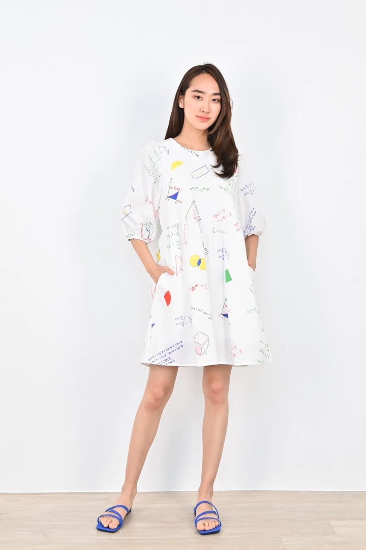 All Would Envy Maths Sleeved Dress in White - S, Women's Fashion ...