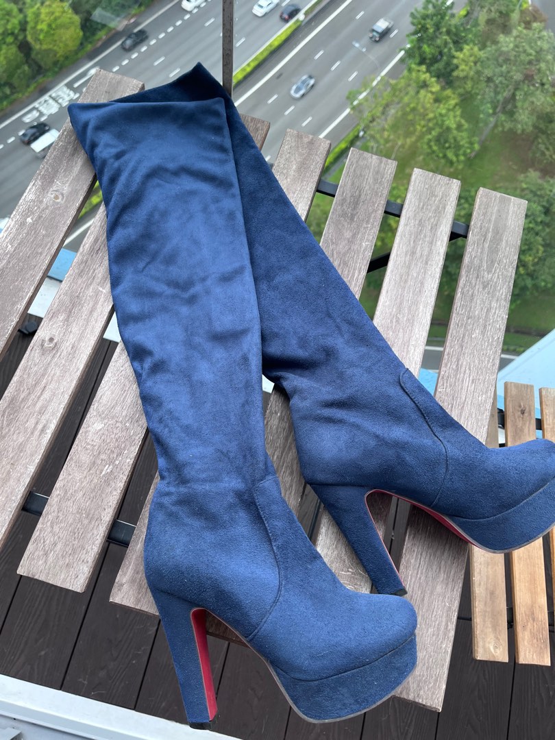 Navy blue suede knee high boots, Women's Fashion, Footwear, Boots on ...