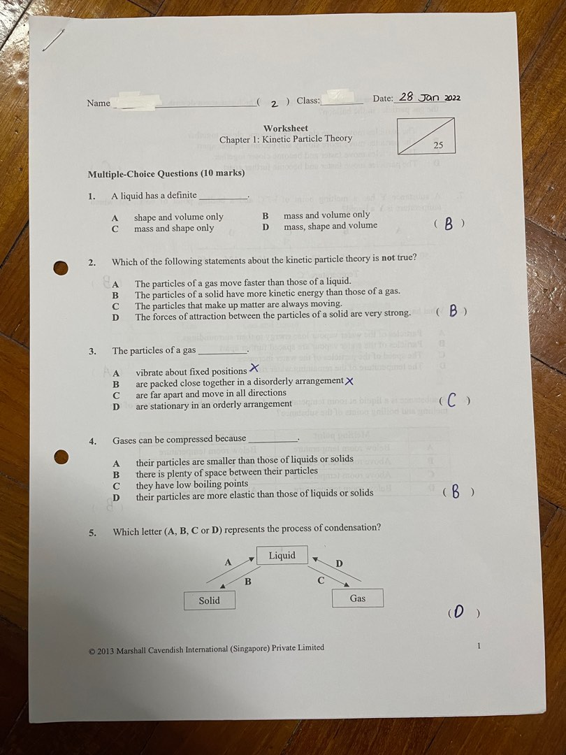 SEC3NA Chemistry:Chapter 1:Kinetic Particle Theory practice paper ...