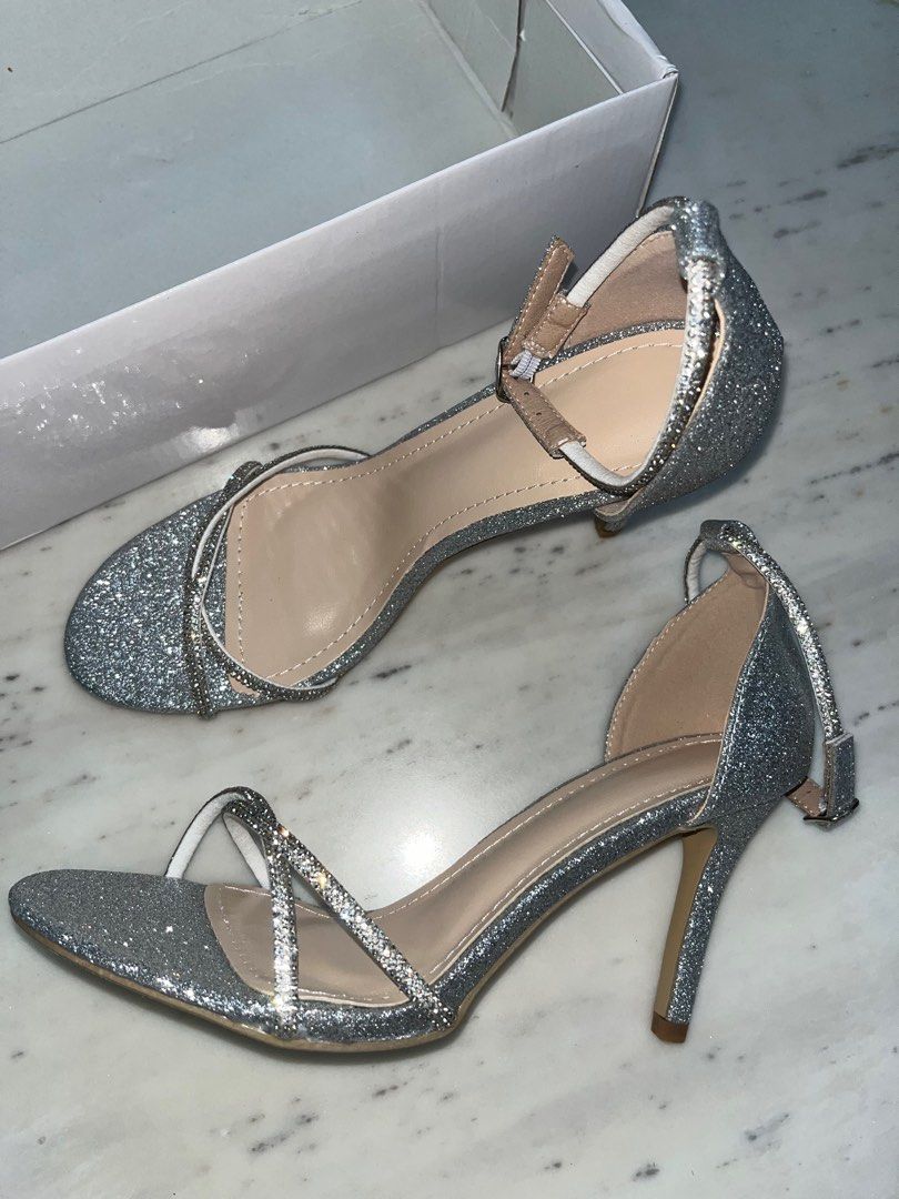 silver sparkly heels stilettos dinner grad wedding, Women's Fashion ...