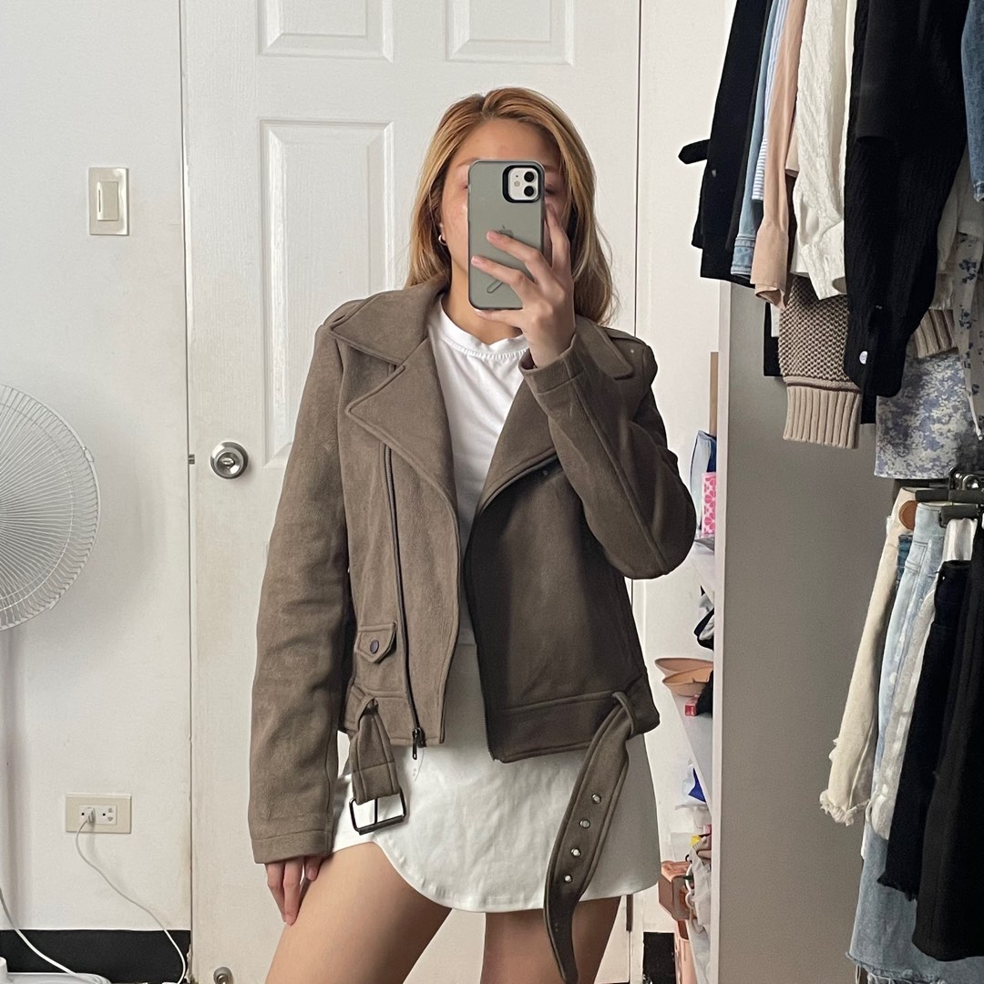 Suede Crop Leather Jacket, Women's Fashion, Coats, Jackets and ...