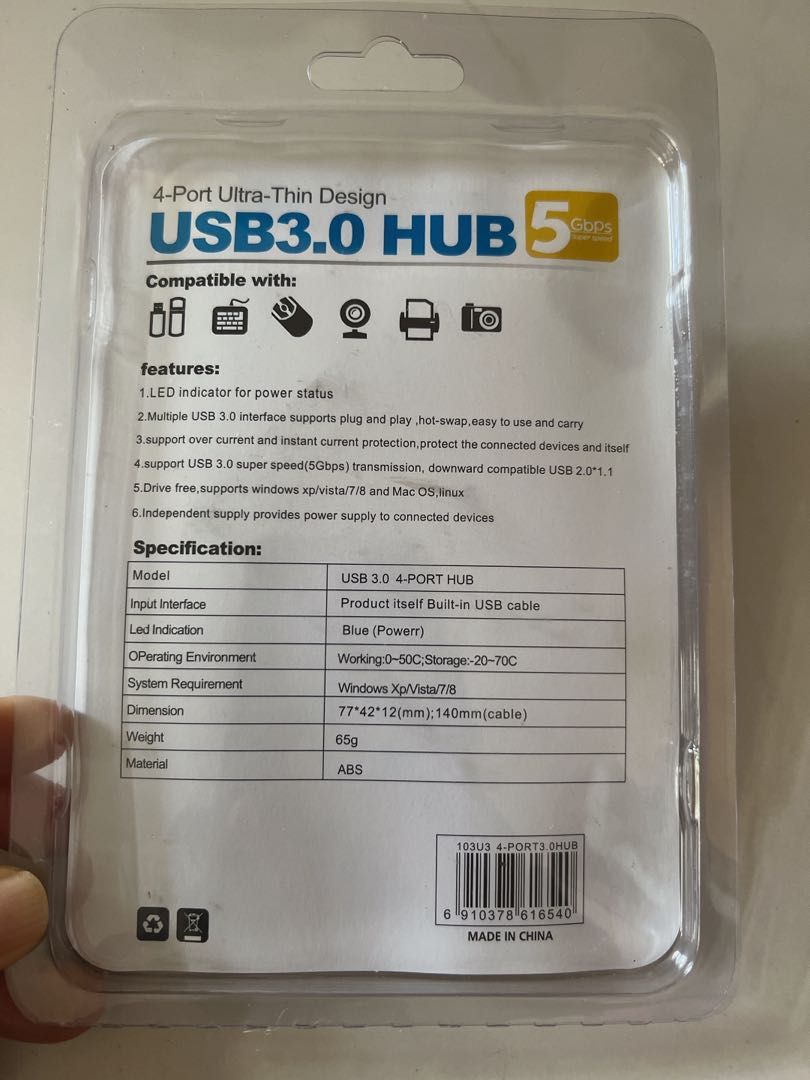 USB 3.0 Hub 4 Ports, 5Gbps Maximum Speed, Plug and Play, 14cm Cable Length / USB 3.0 集線器 4端口，最大 ...