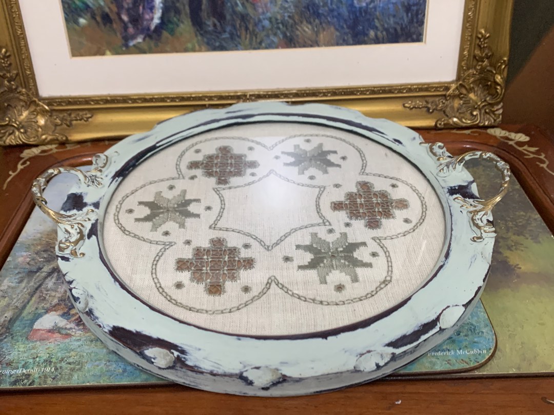 Vintage Cyprus Lefkara lace Round 10” serving tray wood and brass ...