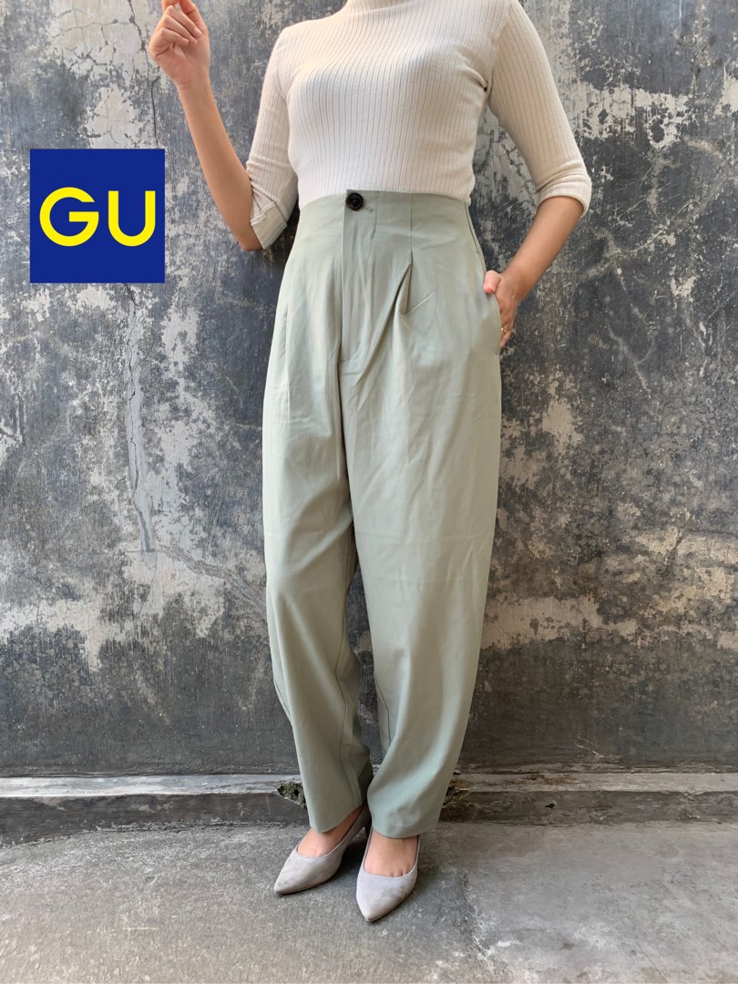 Baggy Pants gu uniqlo highwaist sage green celana bahan kerja office ...