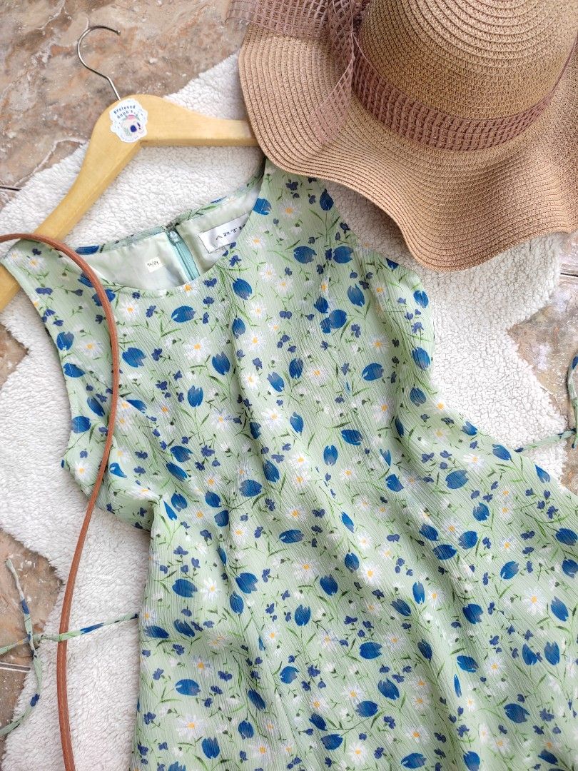 Flowery mini dress bunga bunga hijau muda sifon korean style, Fesyen ...