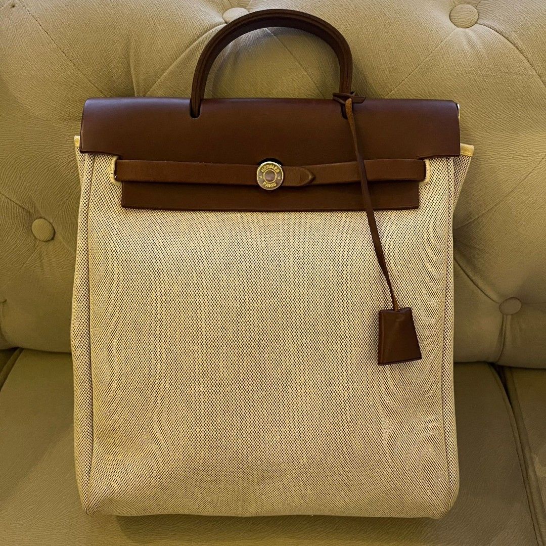 Hermes Herbag Toile Backpack GHW stamp F square w/ box db clochette ...