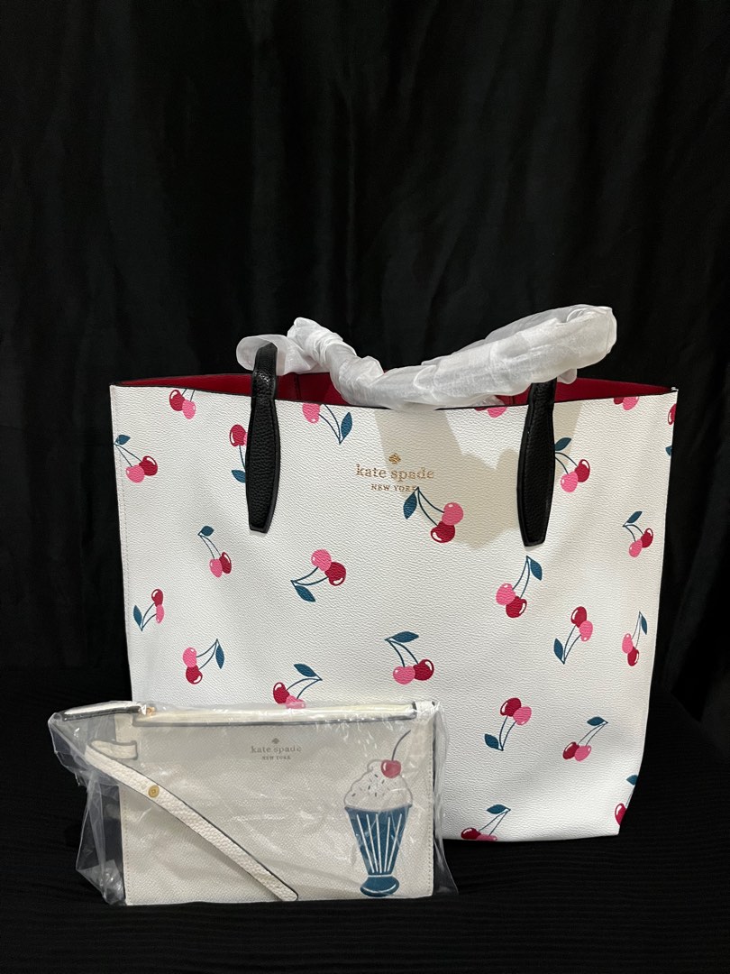 Kate Spade Bing Large Reversible Tote with Pouch Dancing Cherries Cream ...