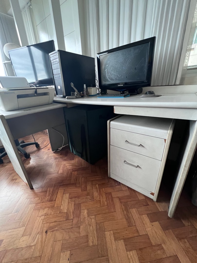 L Office Table + Filing Cabinet Set, Furniture & Home Living, Office ...