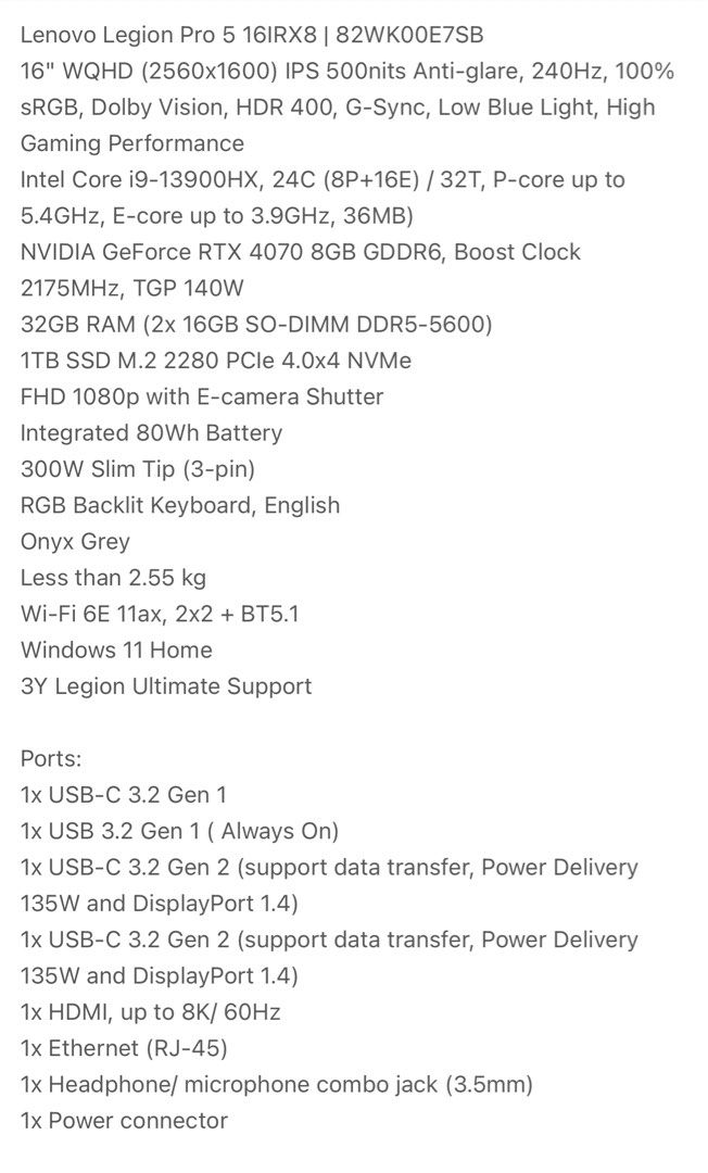 Lenono Legion Pro 5 16IRX8 | 82WK00E7SB | 16" WQHD | i9-13900HX | RTX ...