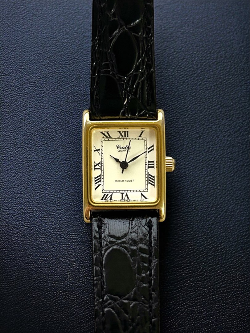 “Cartier” Tank Homage Gold White Roman Numeral Railway Dial Black ...