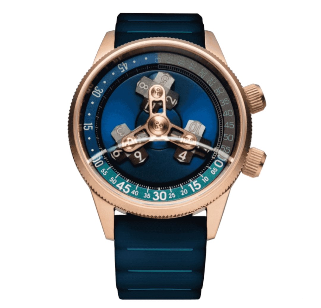 Xeric Vendetta II wandering hour watch. Rose gold with indigo rubber ...