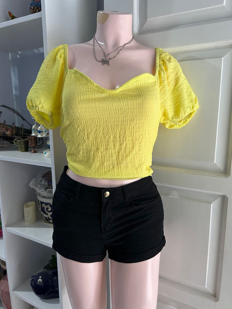 Yellow Smocked Puff Sleeve Top, Women's Fashion, Tops, Blouses on Carousell