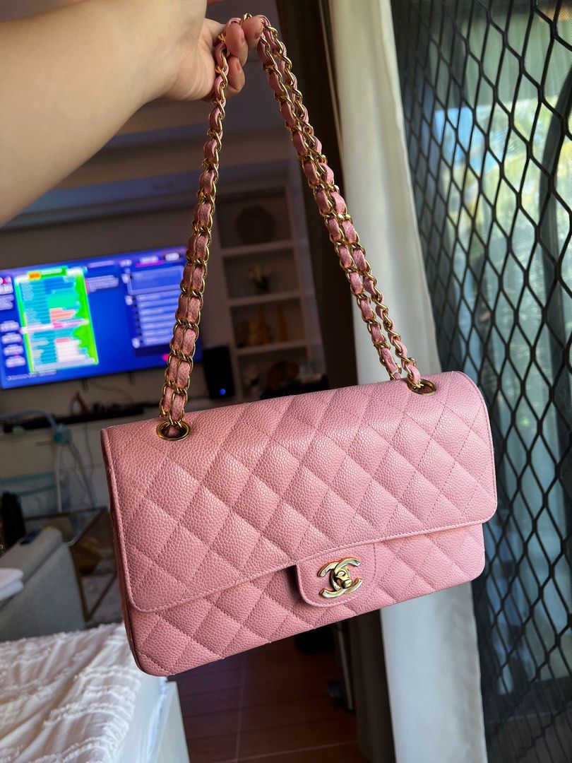 Authentic Chanel sakura pink 24k ghw pigmented caviar medium double ...