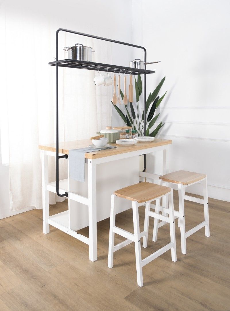 [Brand New Set 1T+2C] Kitchen Island, Breakfast Table with Metal Rack ...