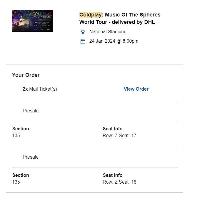 Coldplay World Tour Cat 2 Ticket 24 January 2024, Tickets & Vouchers ...