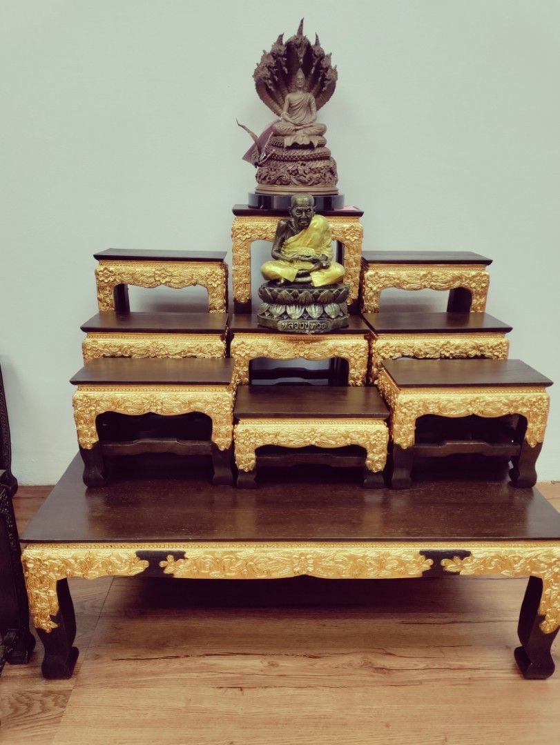 Dark oil teak with gold handcrafted - Buddha table set, 2 models ...