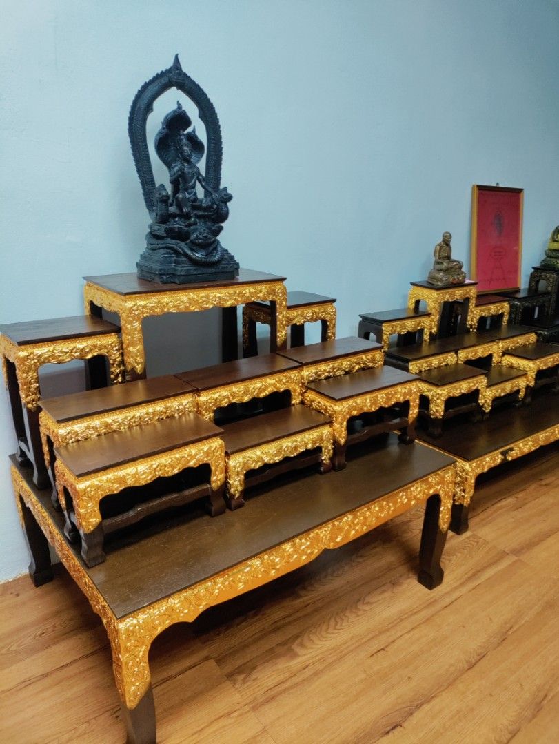 Dark oil teak with gold handcrafted - Buddha table set, 2 models ...