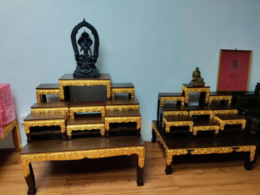 Dark oil teak with gold handcrafted - Buddha table set, 2 models ...