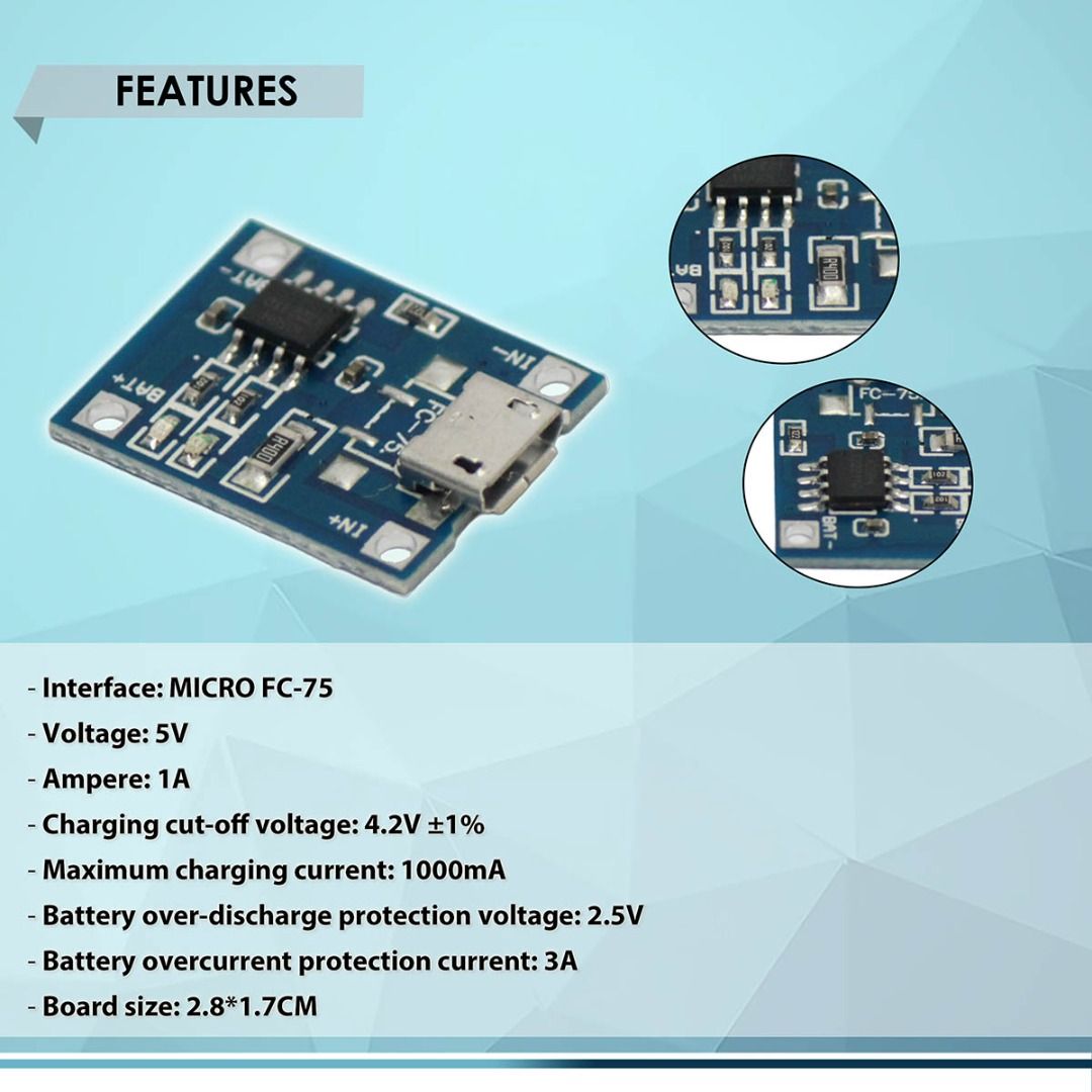 LITIUM BATTERY CHARGING MODULE TP4056 MICRO FC-75, CHARGING BOARD 5V w ...